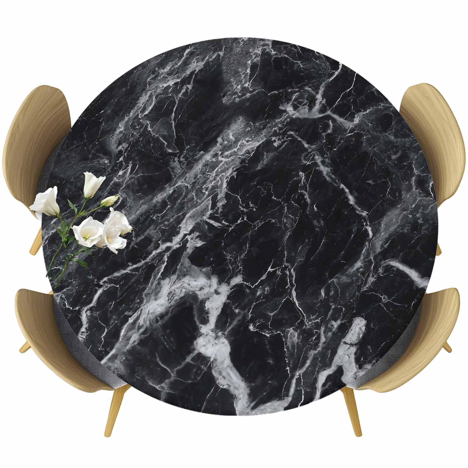Black Marble Round Tablecloth, Fitted Table Cover with Elastic for 36 ...