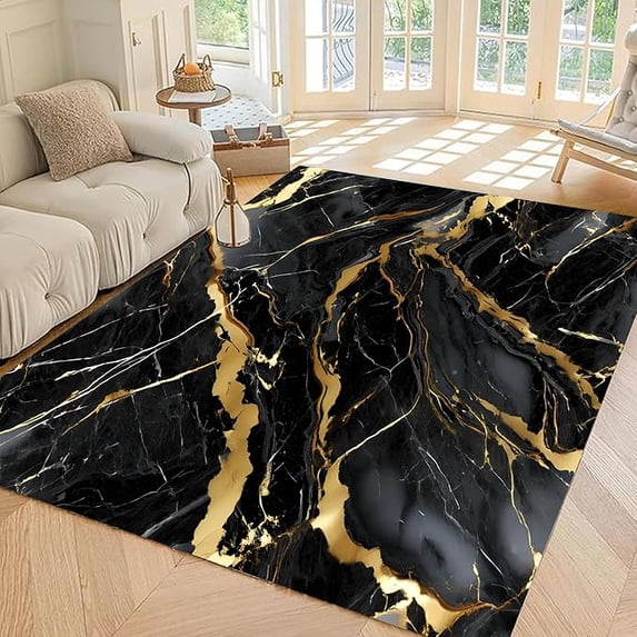 Black Marble Rugs For Bedroom, Abstract Black And Gold Marble Area Rug ...