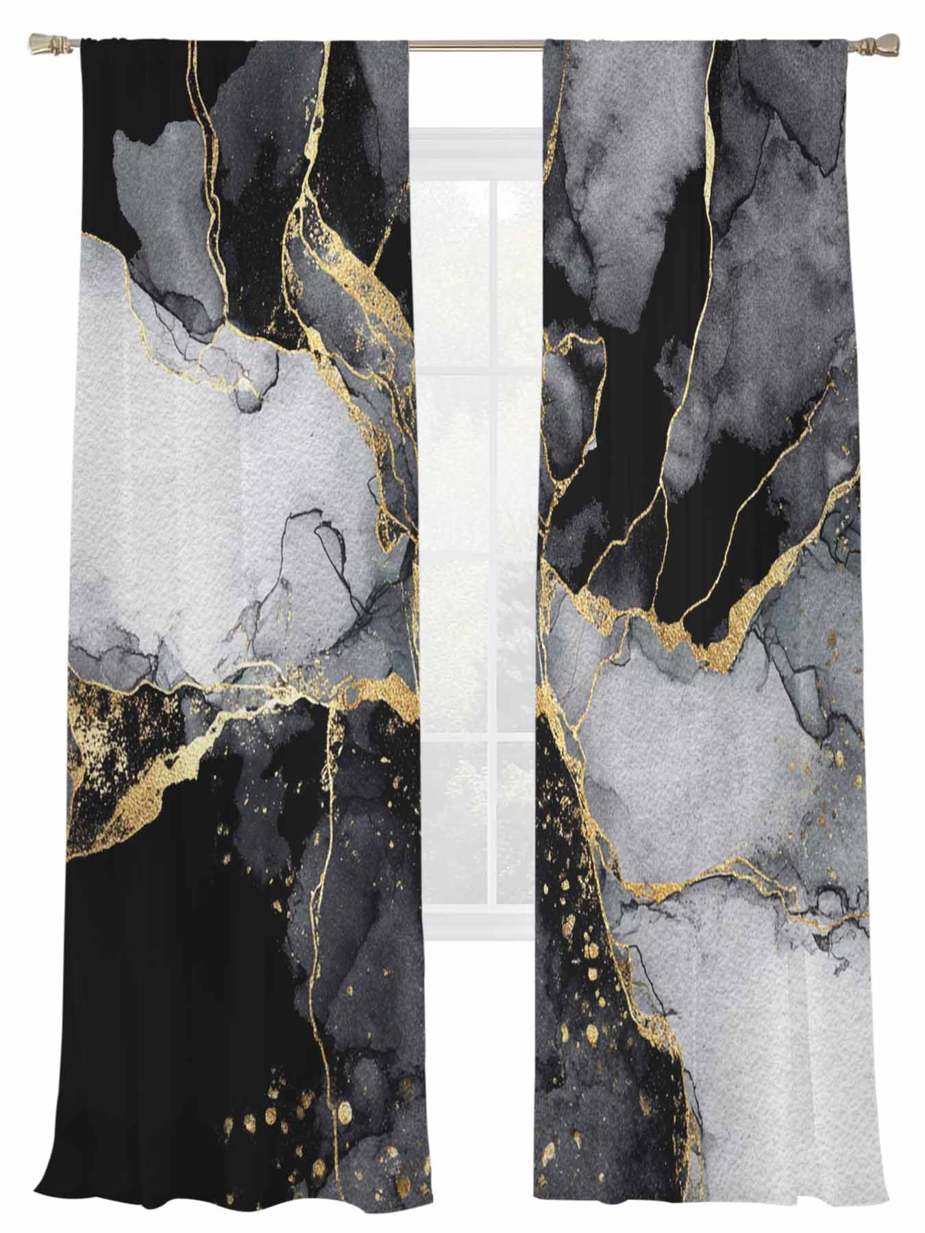 Black Marble Sheer Curtains 2 Panels Set Vintage Abstract Gradient ...