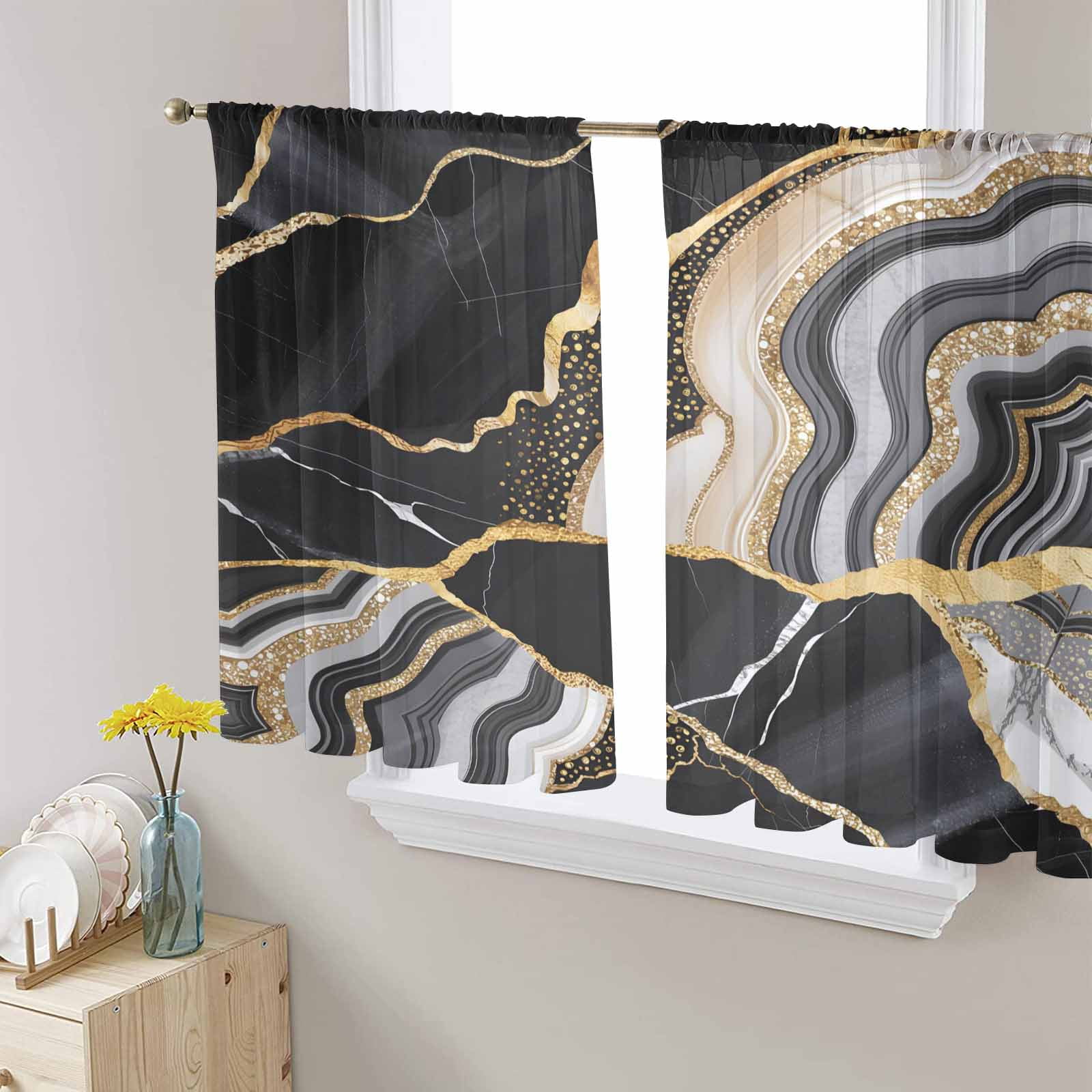 Black Marble Sheer Curtains 45 Inch Length 2 Panels Set for Living Room ...