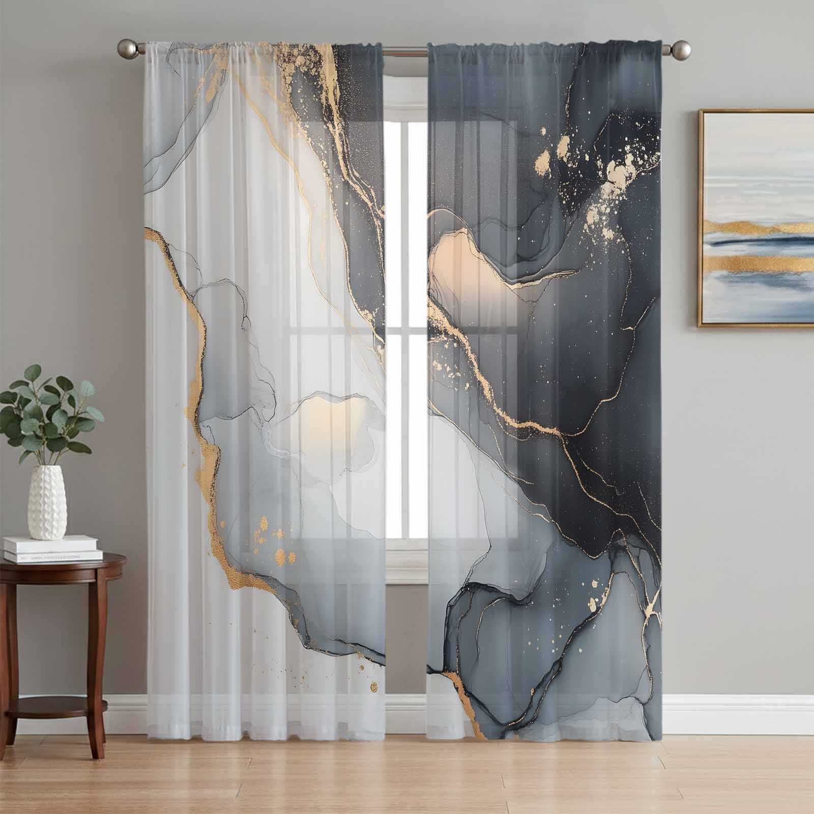 Black Marble Sheer Curtains 63 Inch Length 2 Panels Set, Modern ...