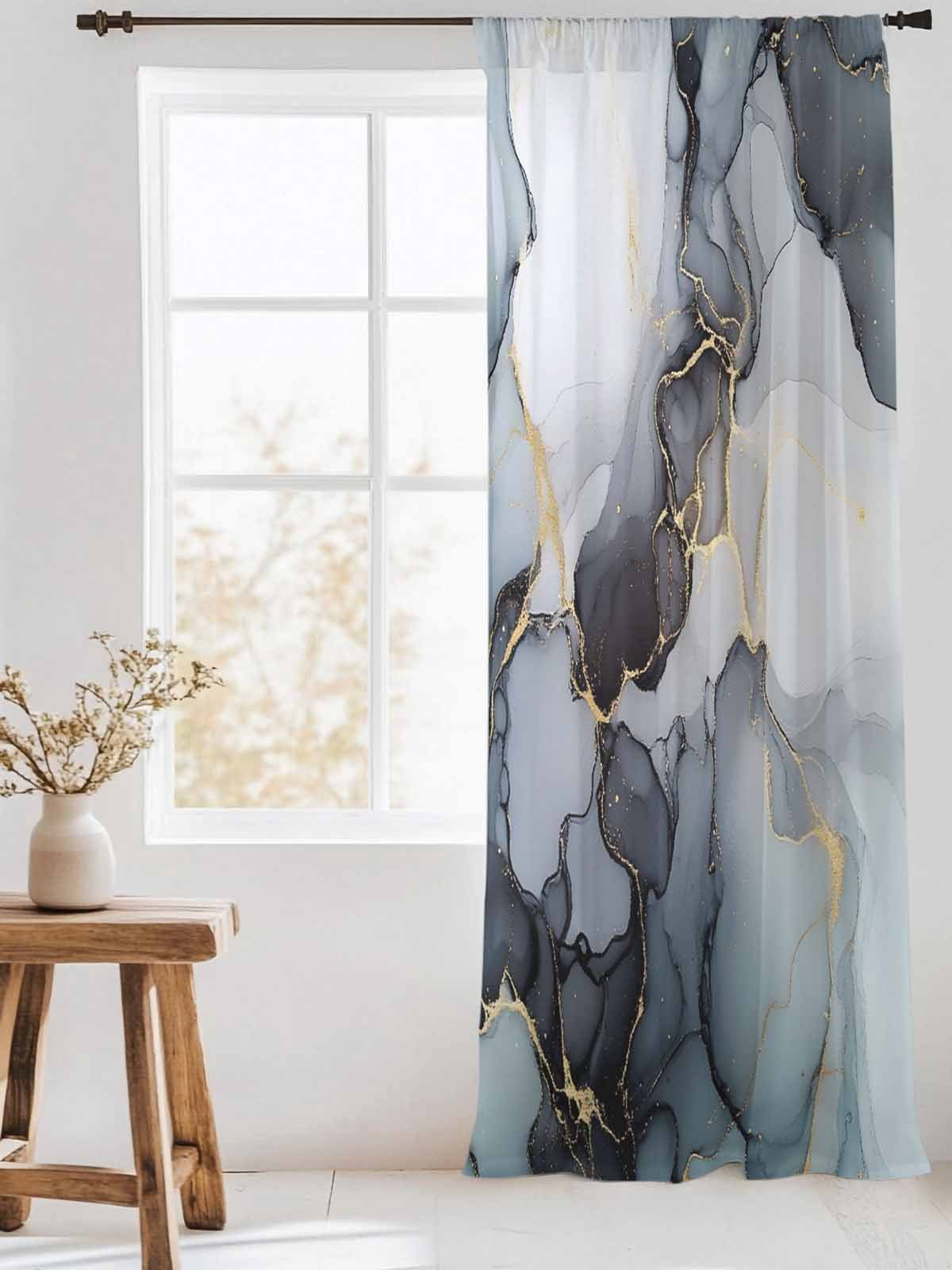 Black Marble Sheer Curtains 84 Inch Long 1 Panel Golden Waves Abstract ...