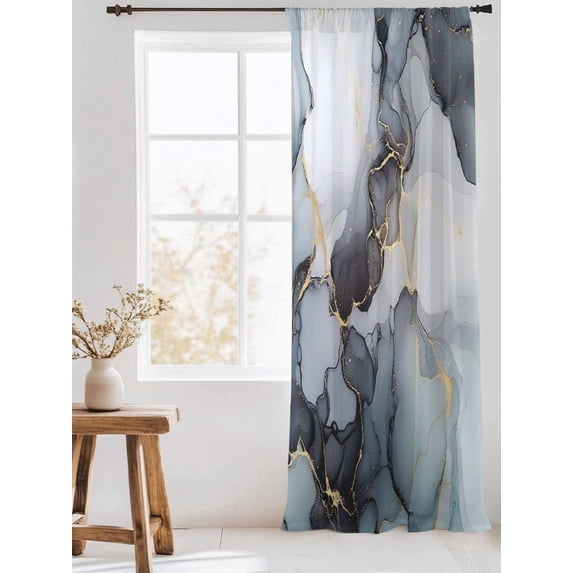 Black Marble Sheer Curtains 84 Inch Long 1 Panel Golden Waves Abstract ...