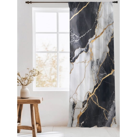 Black Marble Sheer Curtains 96 Inch Long 1 Panel Gold Line Modern ...