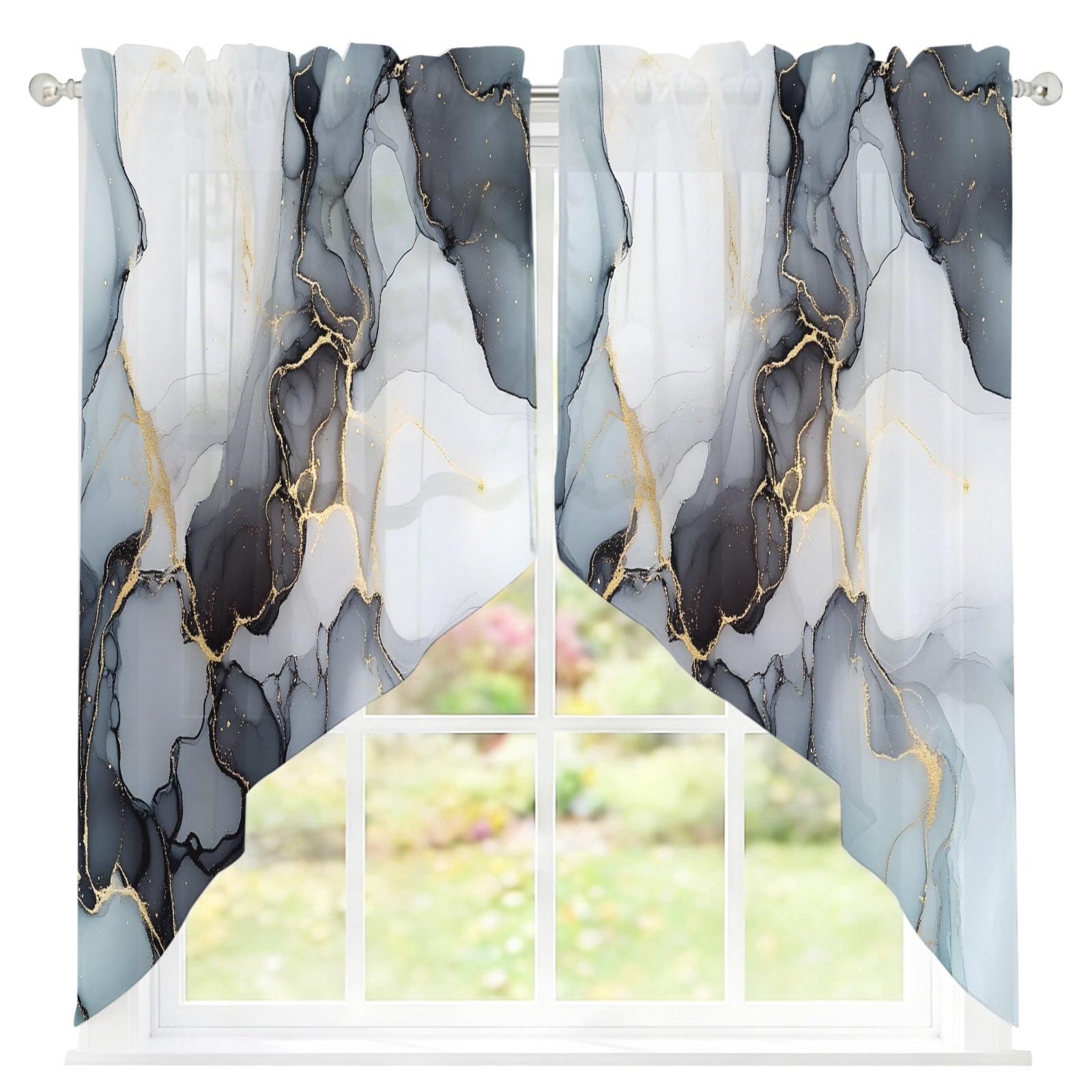 Black Marble Sheer Curtains Swag Valances for Windows Golden Waves ...