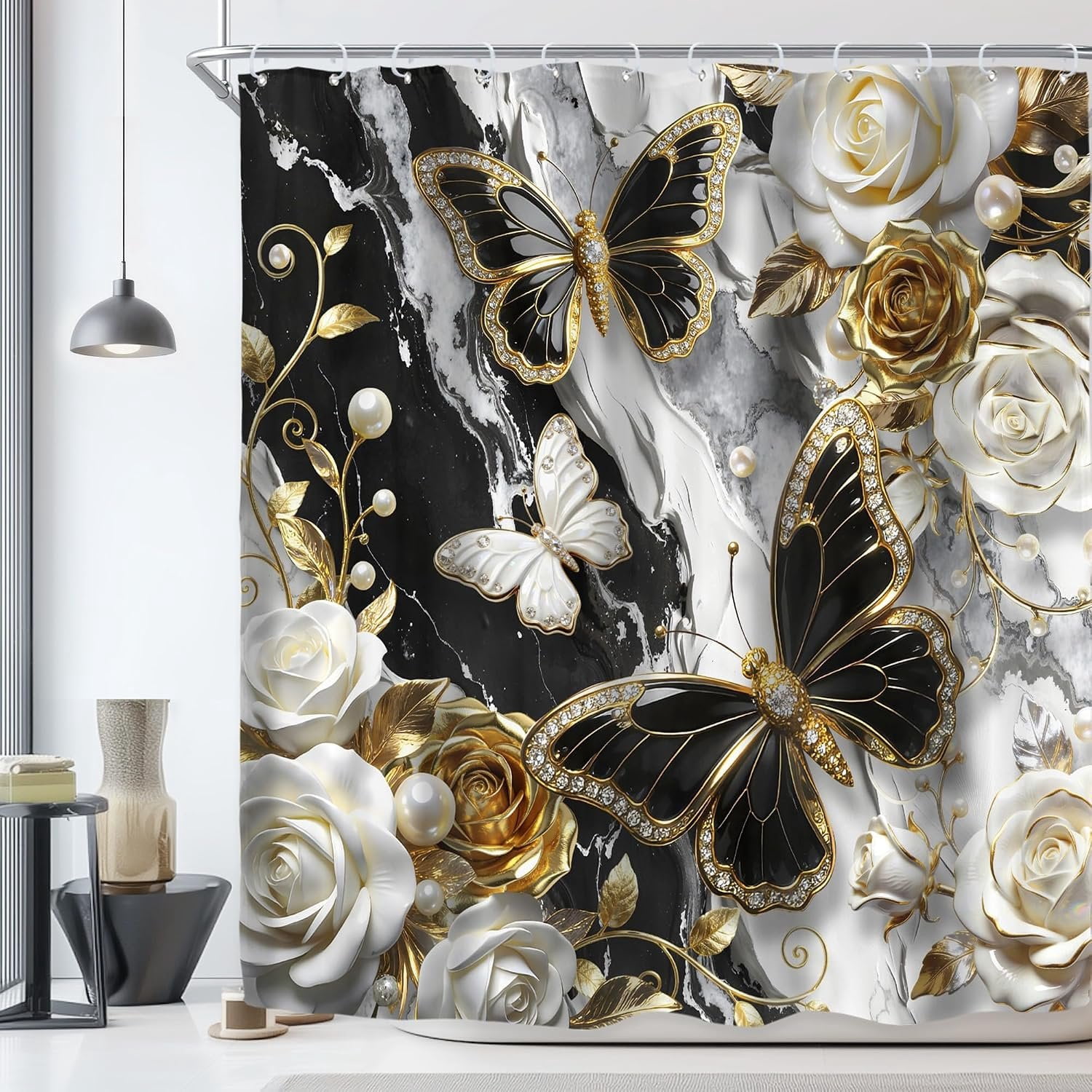 Black and Marble Shower Curtain for Bathroom Decor 72Wx72H Abstract ...