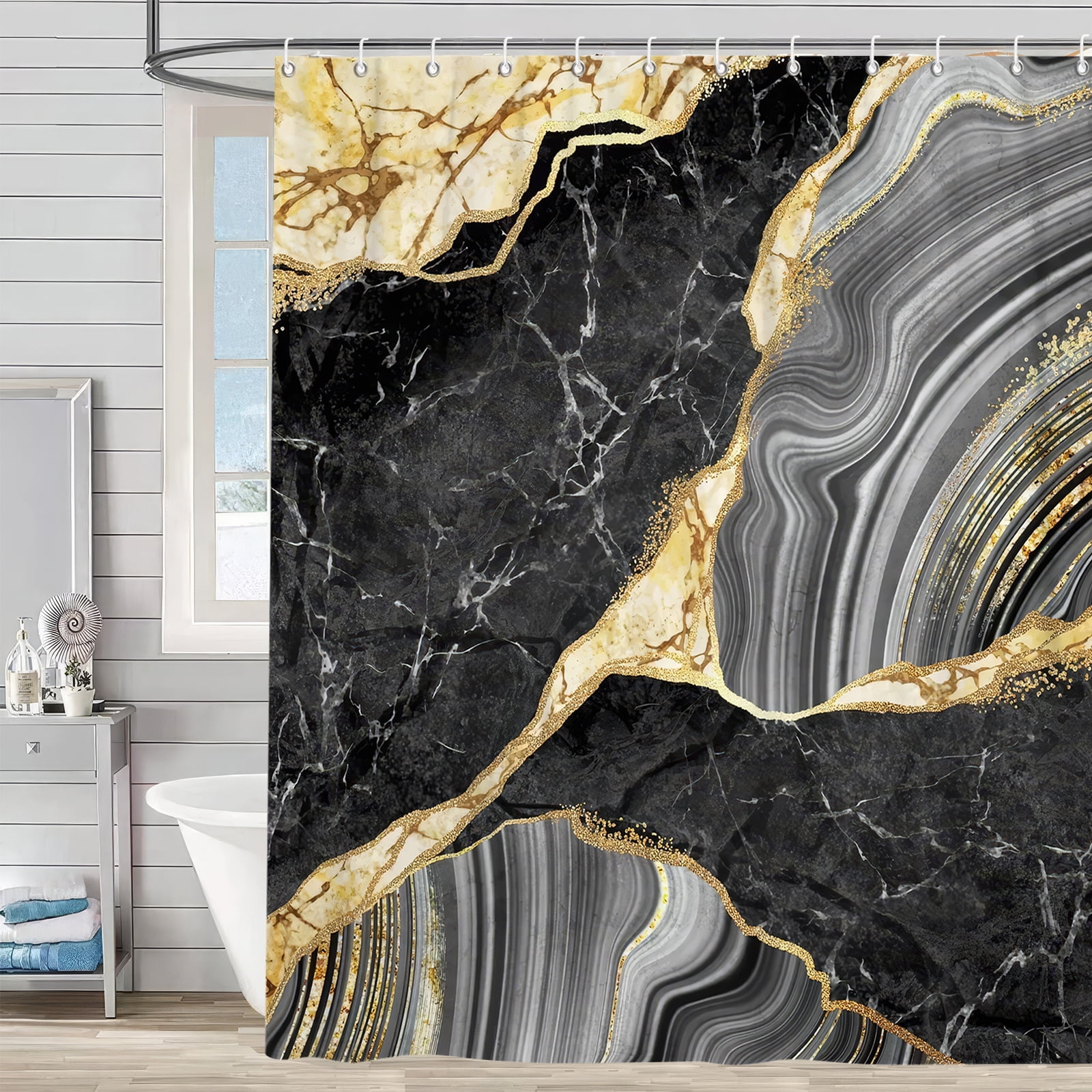 Black Marble Shower Curtain, Modern Waterproof Fabric Bath Curtain, Luxury Bathroom Decor with ...