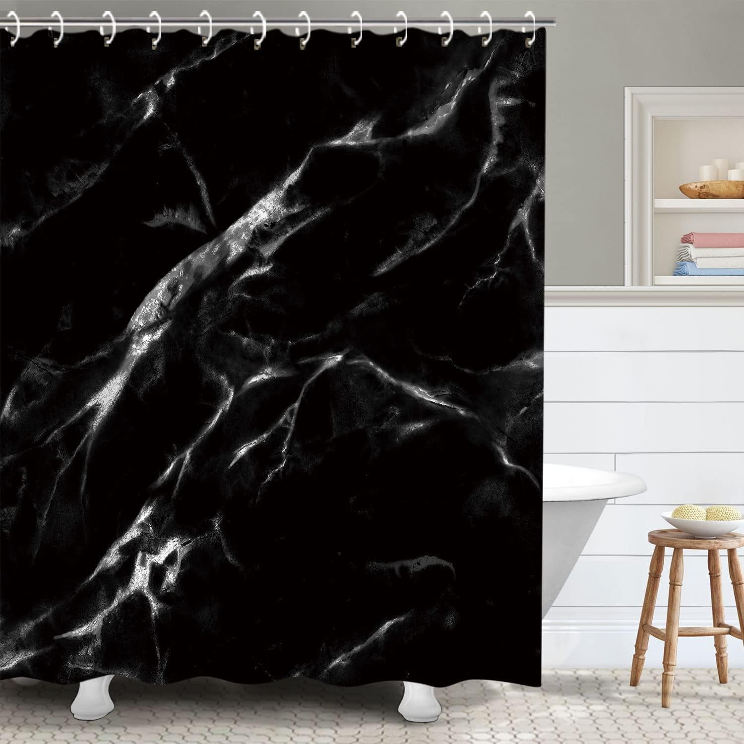 Black Marble Shower Curtain Set with 12 Hooks, Bathroom Decor, 72Wx72H - Walmart.com