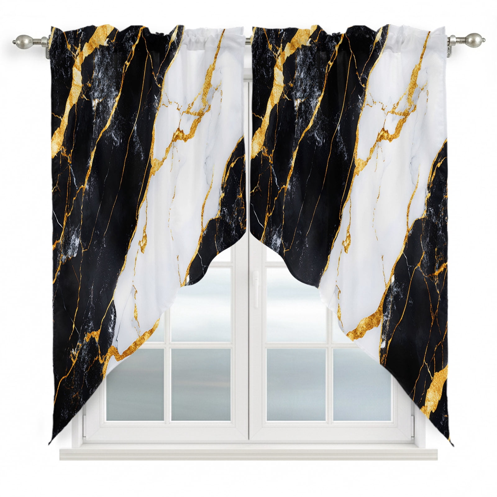 Black Marble Swag Curtain Valance for Window 2 Panels Gold Foil Modern ...