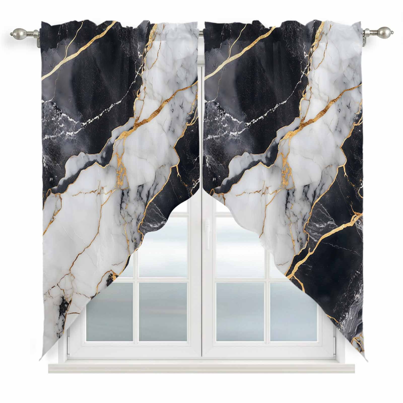 Black Marble Swag Valances for Windows 36 inches Long, Gold Line Modern ...