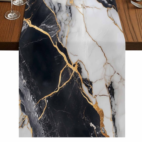 Black Marble Table Runner 120 Inches Long, Gold Line Modern Cotton ...