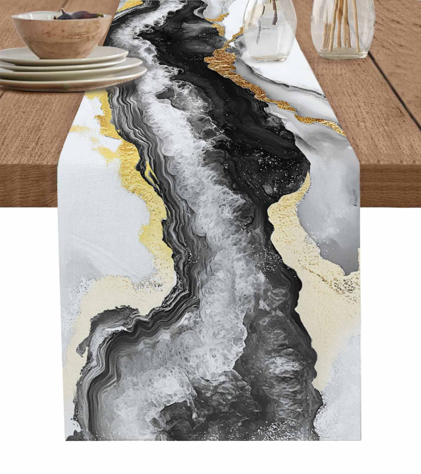 Black Marble Table Runner 120 Inches, Modern Gradient Abstract Waves ...