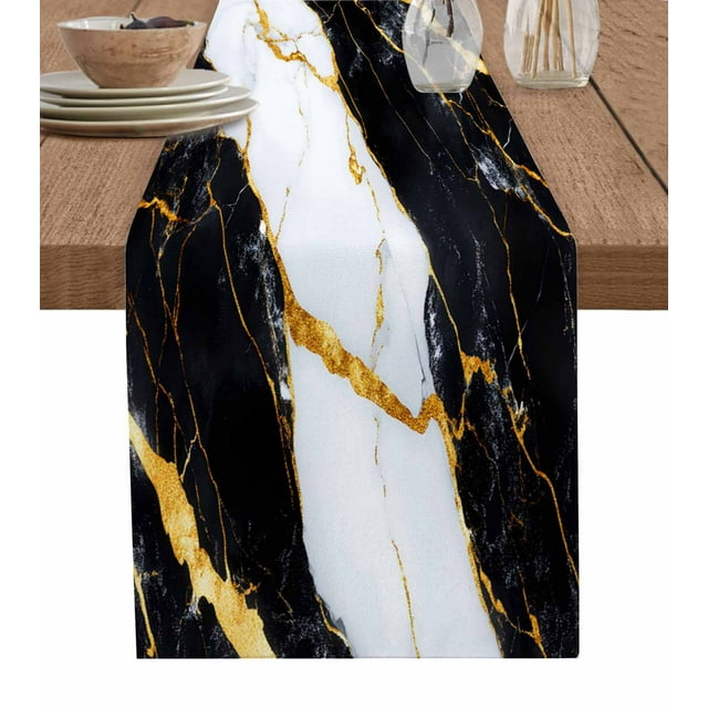 Black Marble Table Runner 72 Inch Long Dresser Scarves Cotton Linen ...