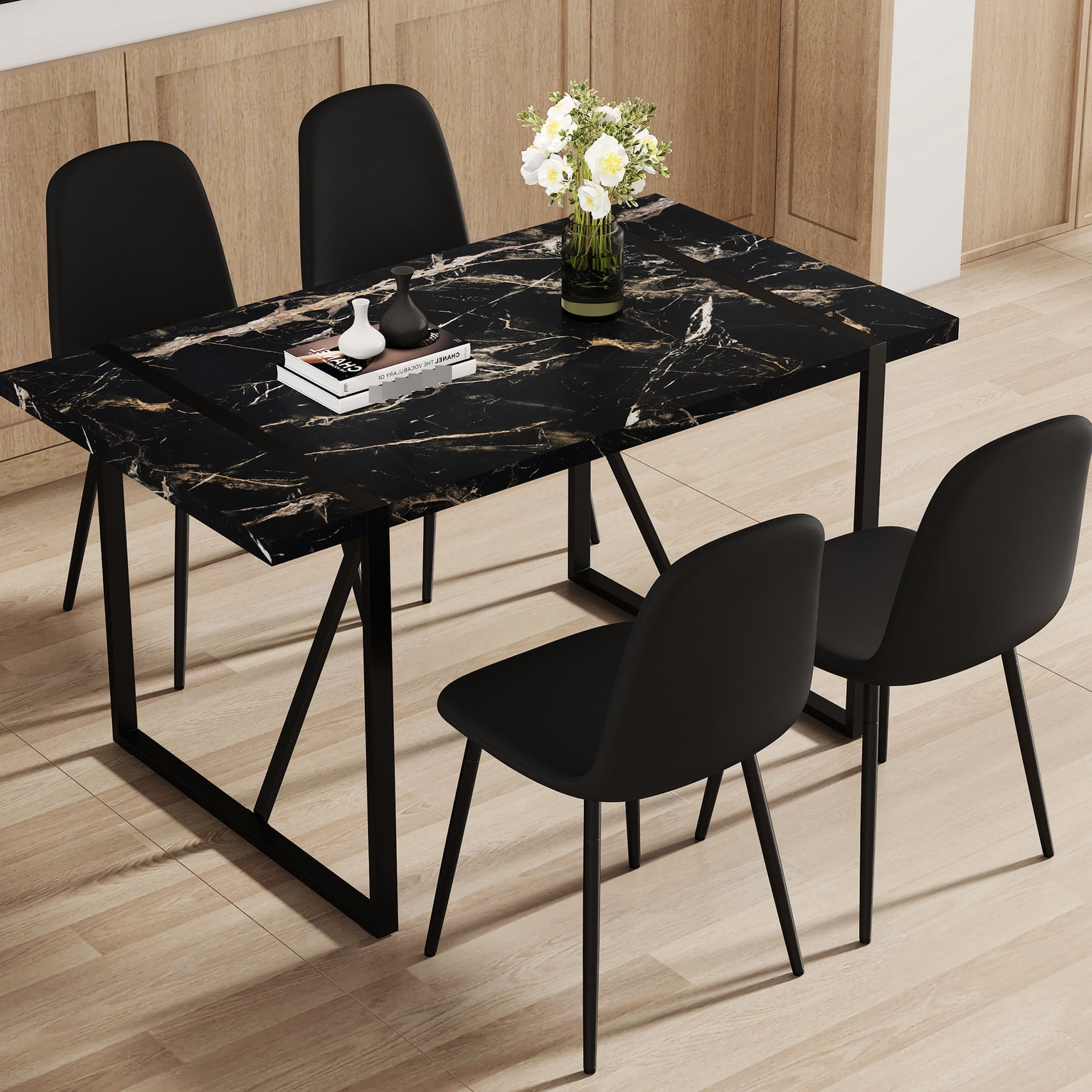 Black Marble Tabletop with Inset Metal Legs and 4 Chairs / Ensure Table ...