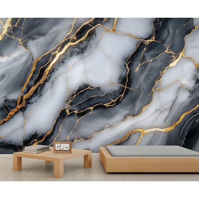 Black Marble Texture 3D Wall Murals Wallpaper, Abstract Golden Cracks ...