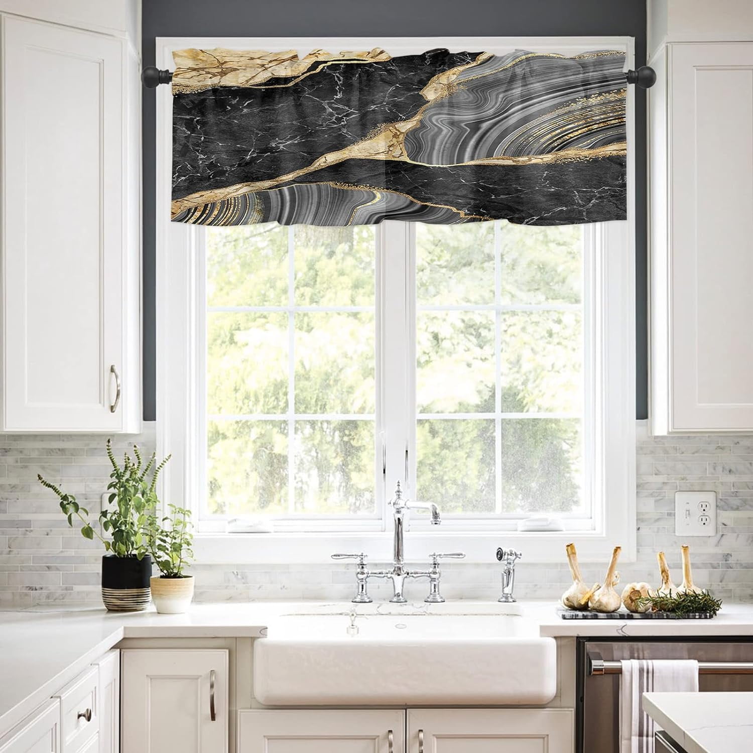 Black Marble Texture Kitchen Valance,Gold Powder Window Valances,Gray ...