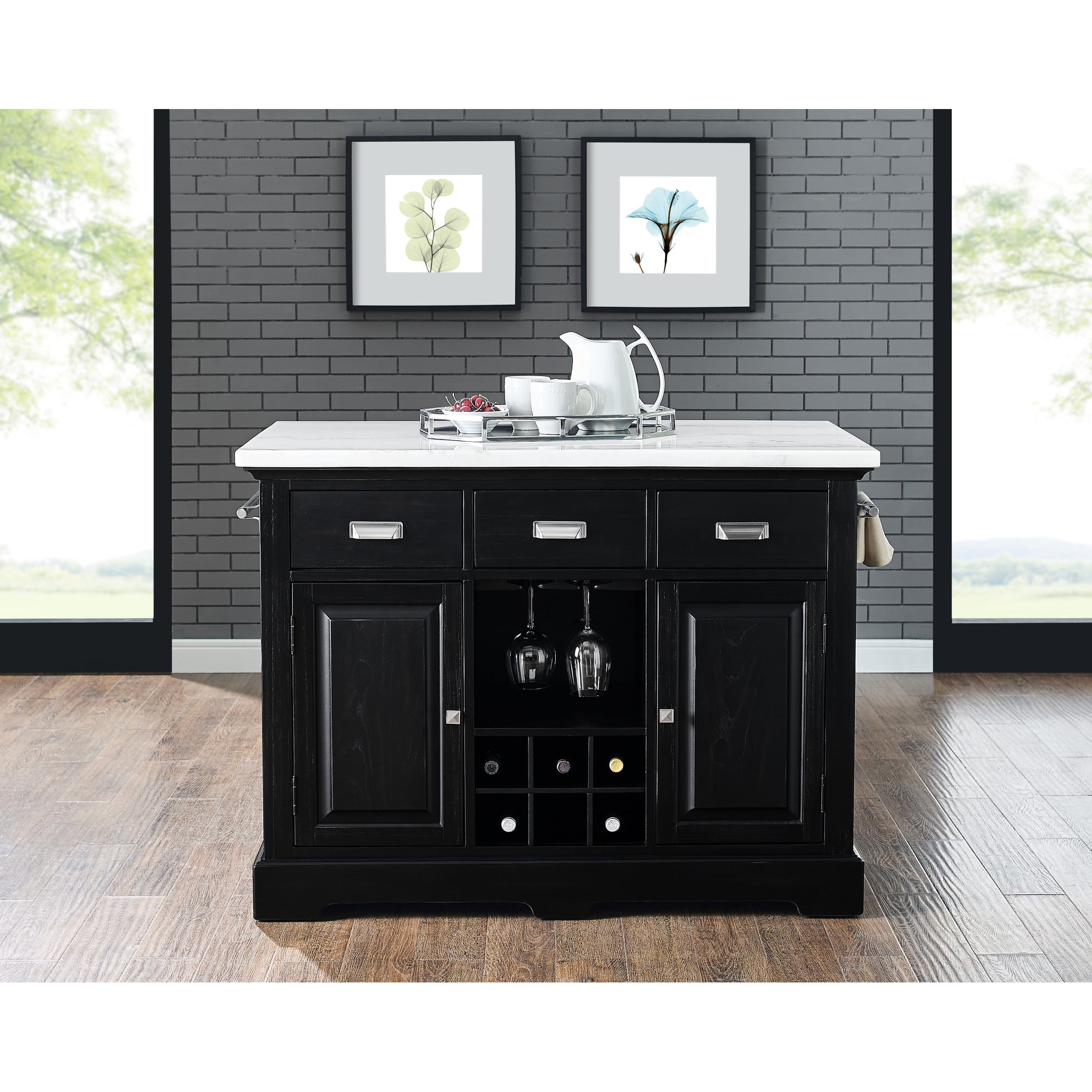 Black Marble Top Kitchen Island With Hardwood Solids & Birch Veneers In ...