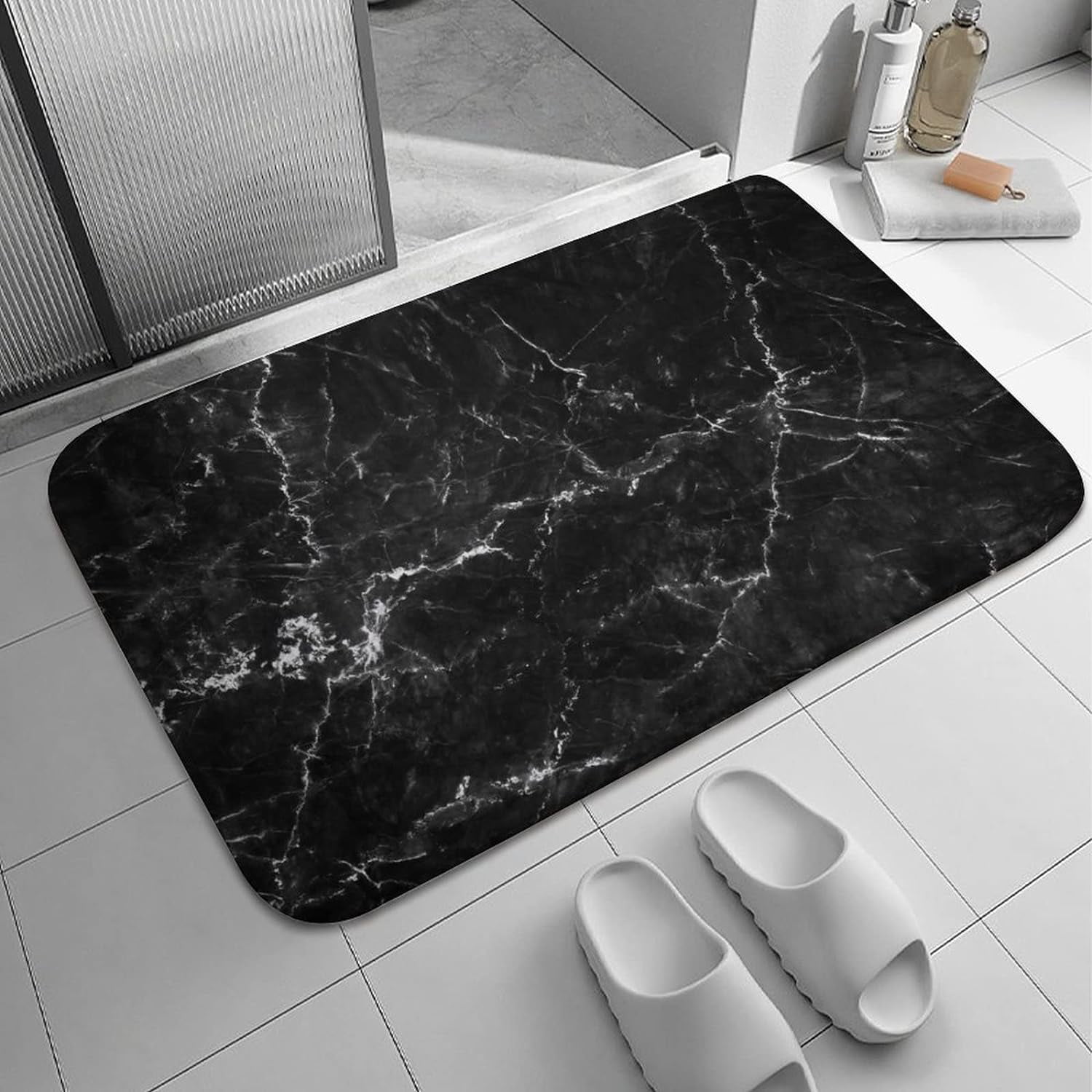 Black Marble with White Crack Texture Bath Rugs Absorbent Non Slip Door ...