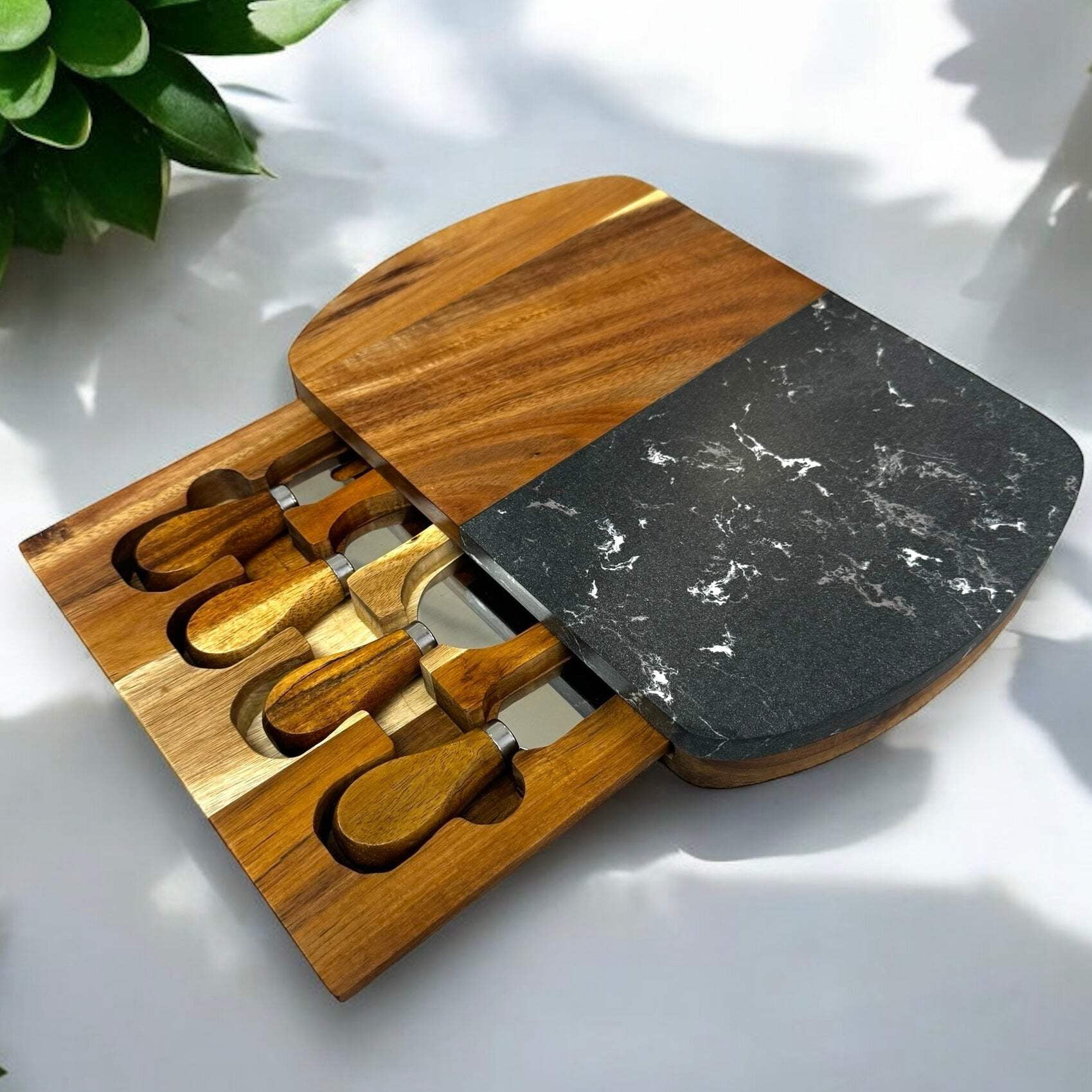 Black Marble and Wood Cheese Cutting Board with Stainless Steel Cutting ...