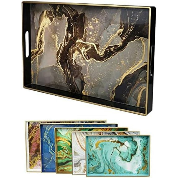 Black Marbling Decorative Tray with Handles, Morden Plastic Rectangular ...