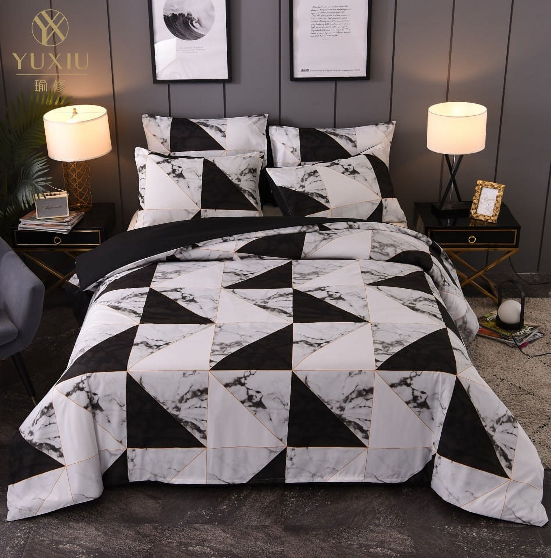 Black Marbling Geometric Pattern Duvet Cover Set Black Gold Bedding