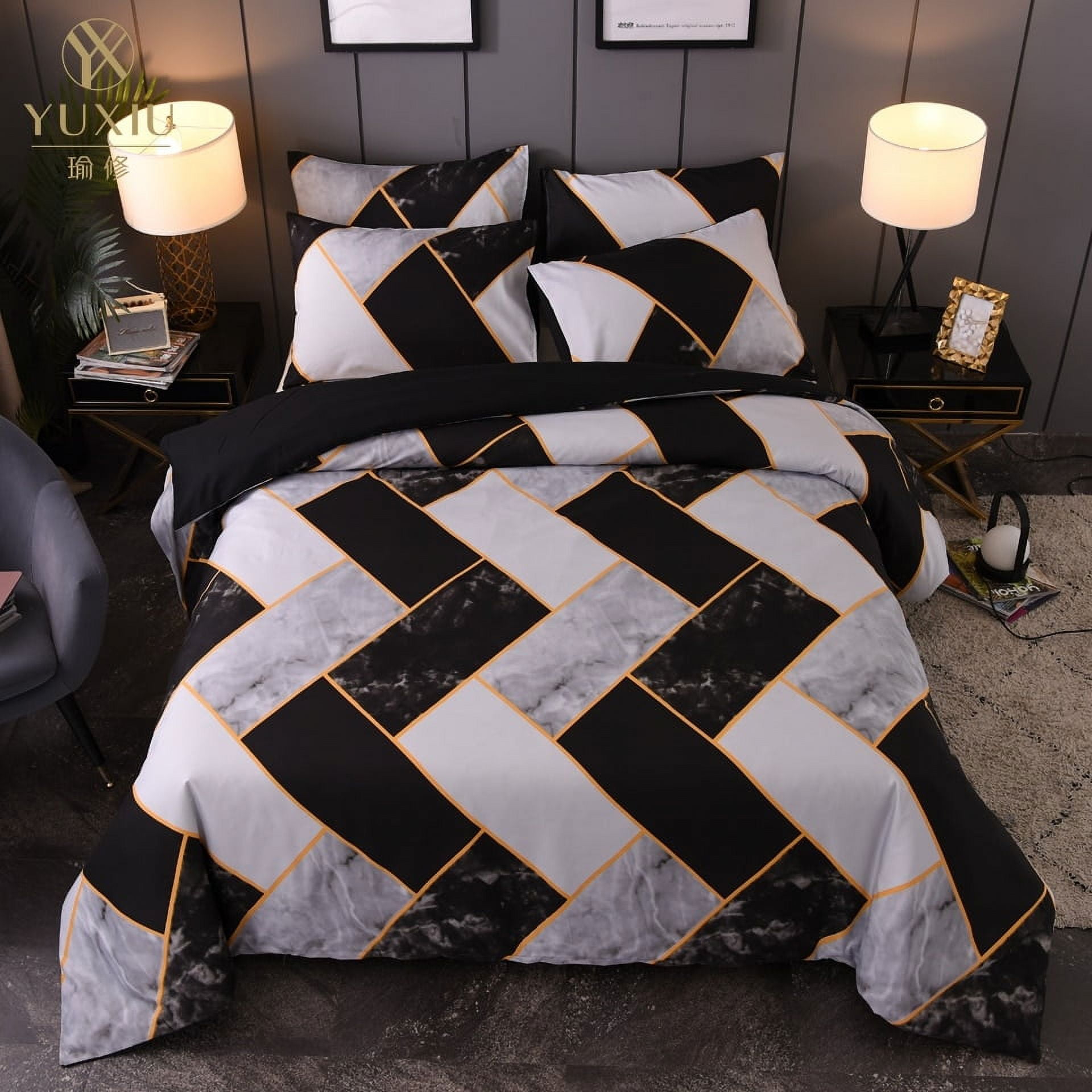 Black Marbling Geometric Pattern Duvet Cover Set Black Gold Bedding
