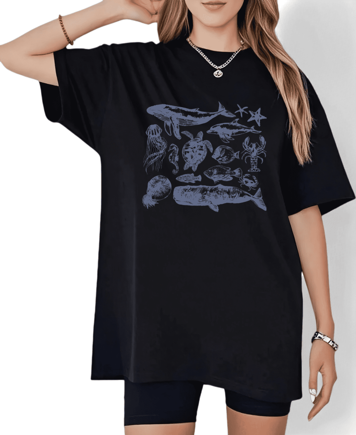 Black Marine Life Ocean Animals Print Tshirt Graphic Tees Whale Turtle ...