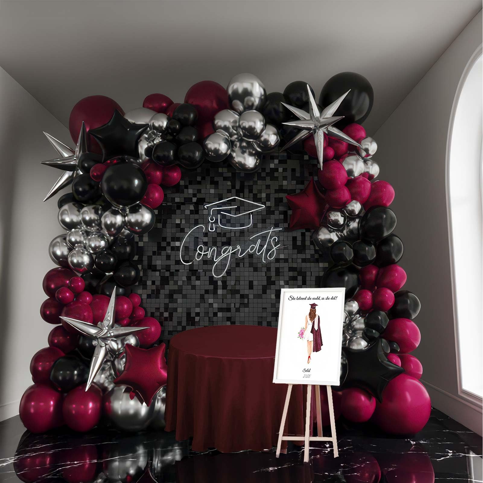 Black Maroon and FEV6 Silver Balloon Garland Arch Kit Pieces with ...