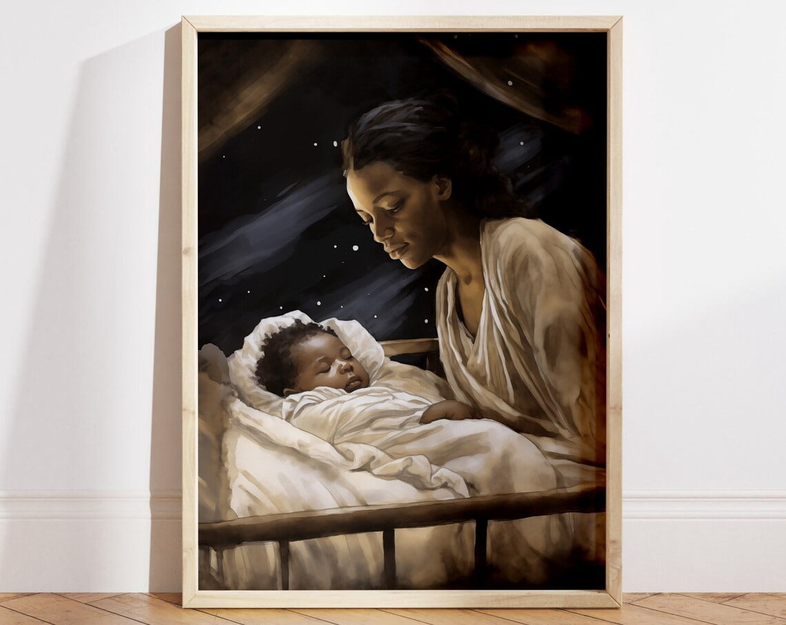 Black Mary And Baby In A Crib Poster - Birth Of Wall Art, Nursery Wall ...