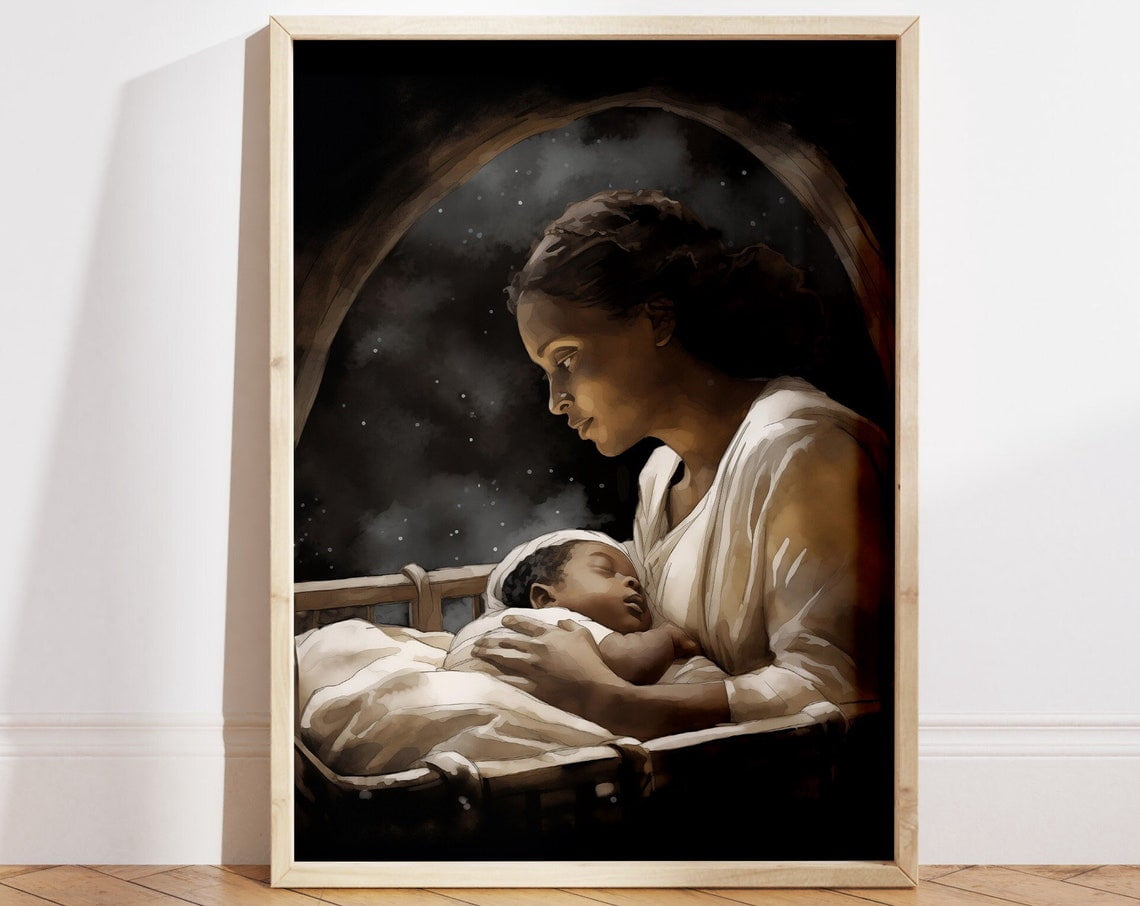 Black Mary And Baby In A Crib Poster - Birth Of Wall Art, Nursery Wall ...