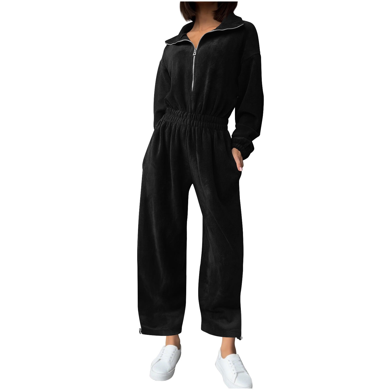 Black Matching Lounge Overalls Sets for Women Winter Fall Long Sleeve ...