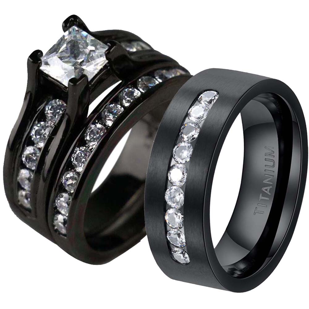 Matching Ring Couple Ring Black Gold Plated 1CT Red CZ Women Wedding ...