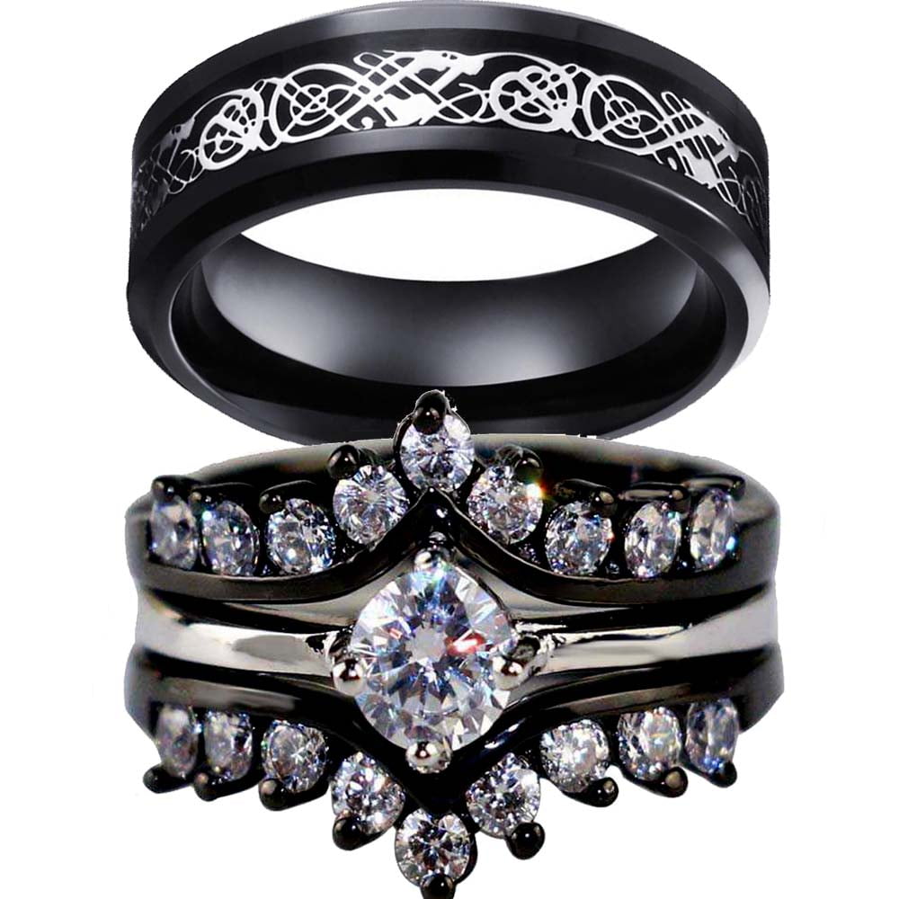Black Matching Rings His and Her Rings Couple Rings 1ct AAA CZ Wedding ...