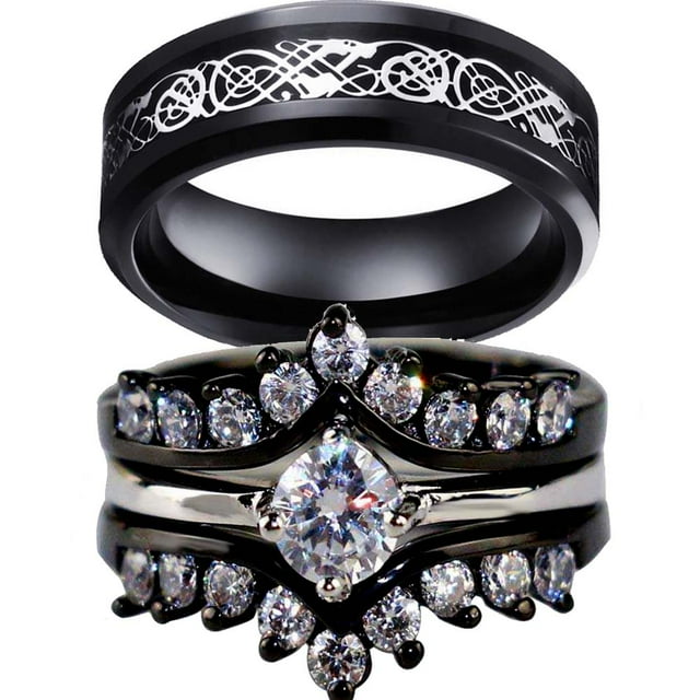Black Matching Rings His and Her Rings Couple Rings 1ct AAA CZ Wedding ...