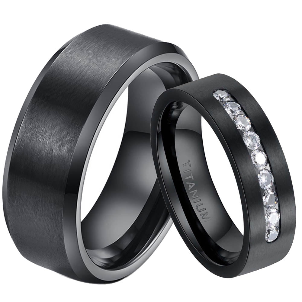 Black Matching Rings Titanium Couple Rings CZ Wedding Ring for Women ...