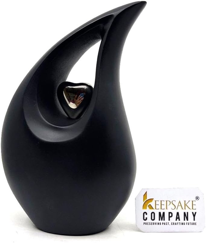 Black Matte Tear Drop Small Urns for Human Ashes with Silver Heart (6 ...