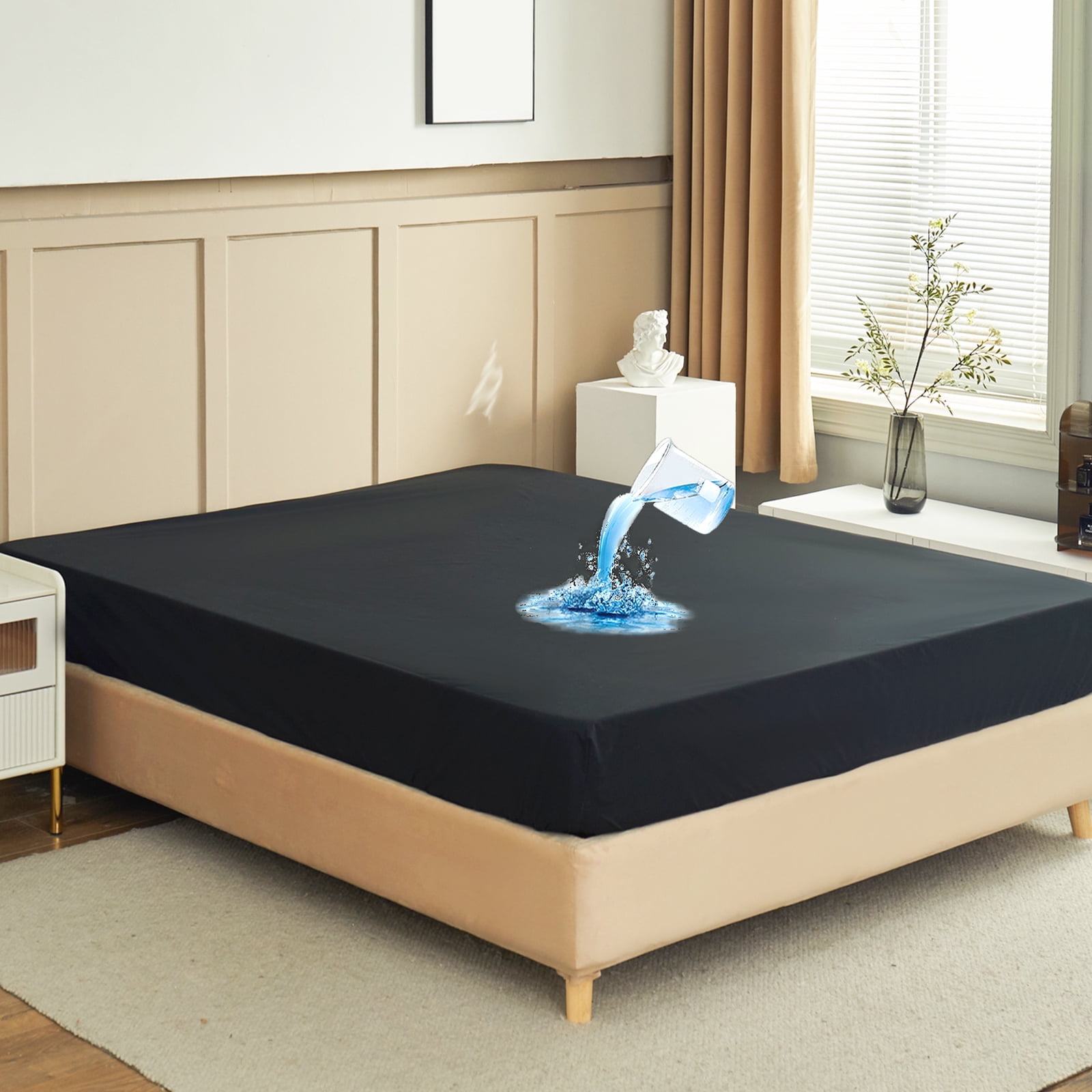 Black Mattress Protector Waterproof Bed Cover Full Size Mattress Pad ...