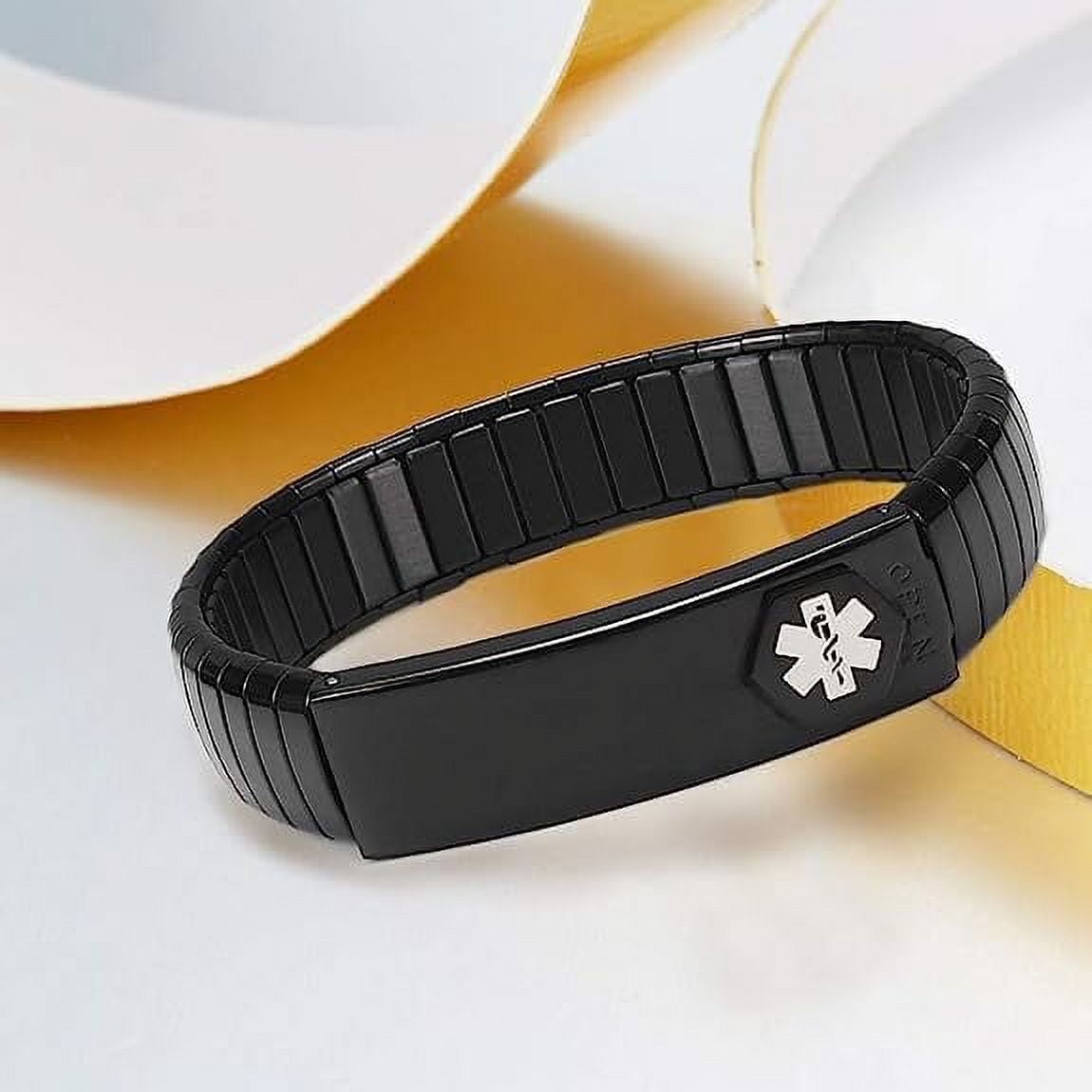 Black Medical Alert Bracelets for Men, (8.26'')21CM, Elastic Bangles ...