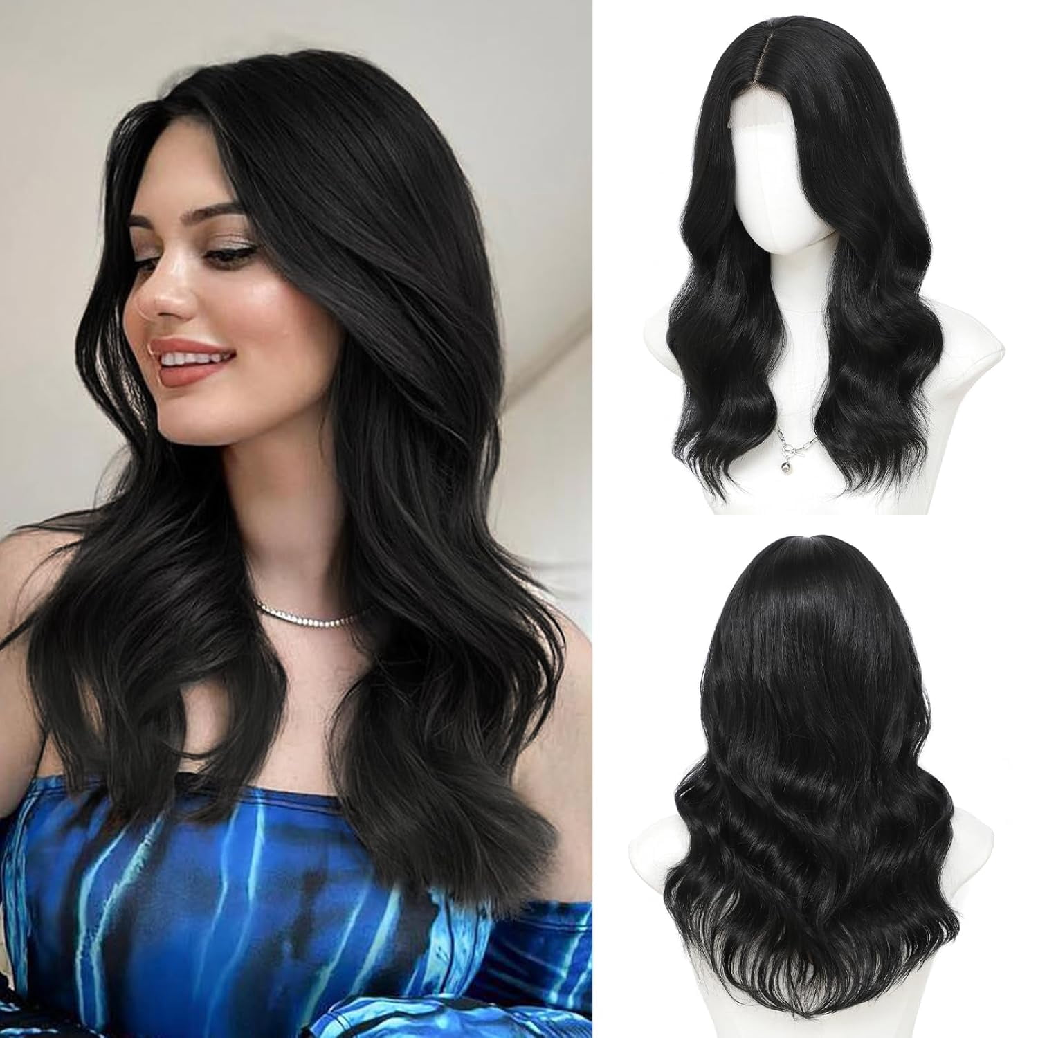 Black Medium Length Wigs for Women 18 Inch Middle Part Synthetic Hair ...