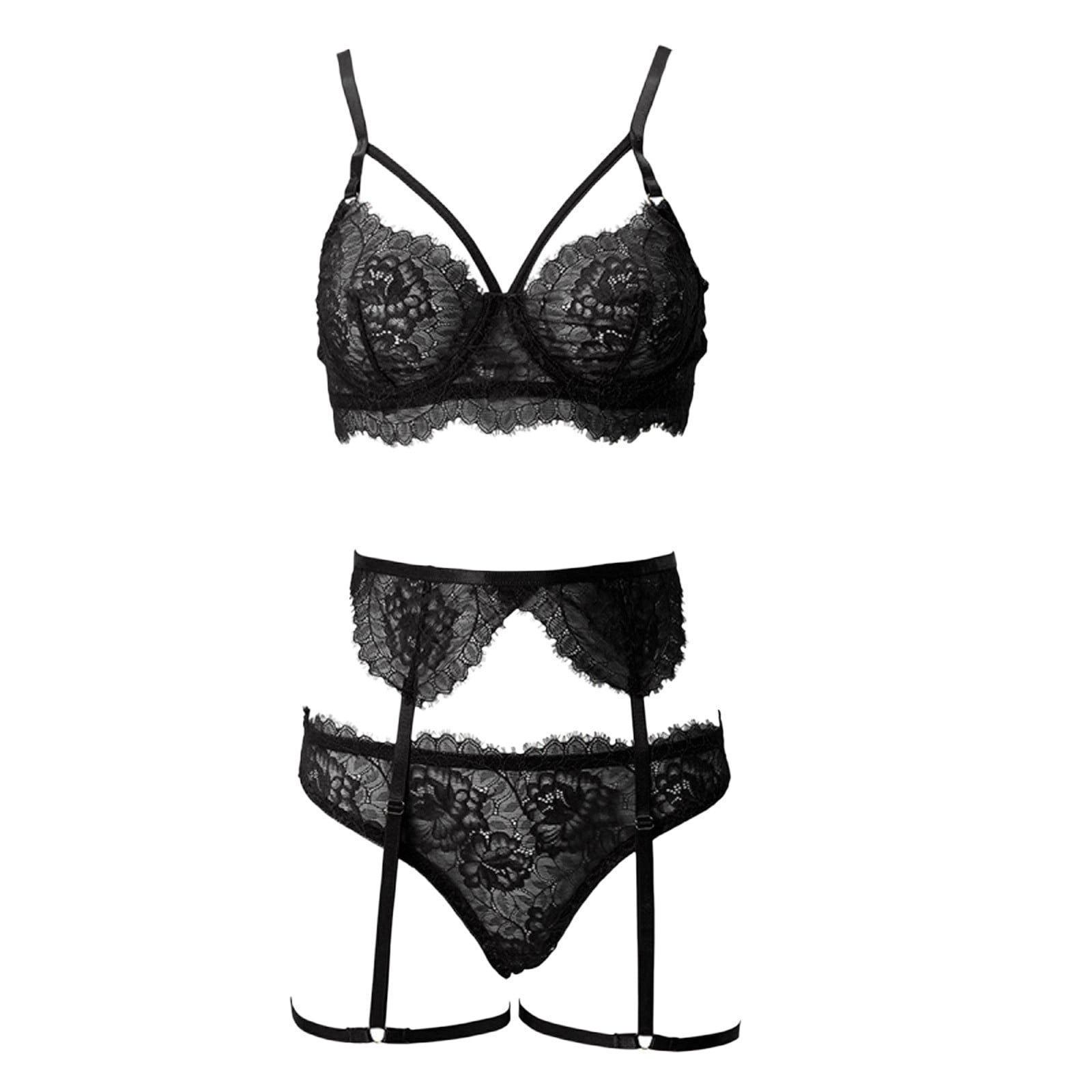 Black Medium Ring Sleepwear Pajamas Lace Underwire Bra Set Garter