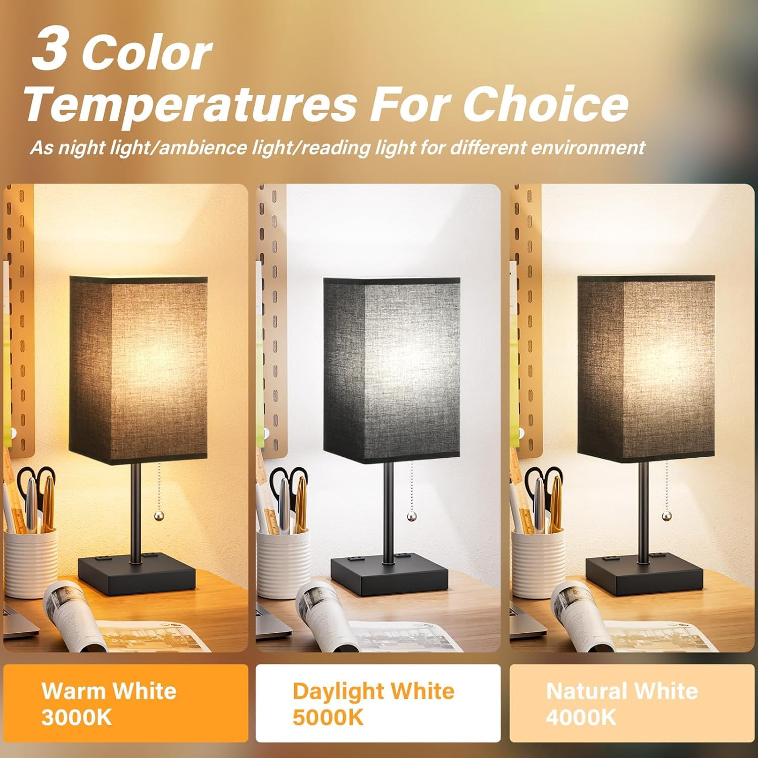 Black Medium Table Lamp with USB Ports - 3 Color Temperature Bedside ...