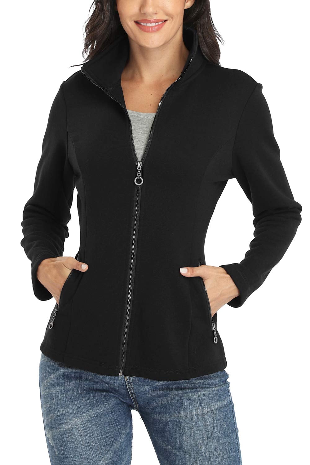 Black Medium Women's Full-Zip Stand Collar Slim Fit Athletic Running ...