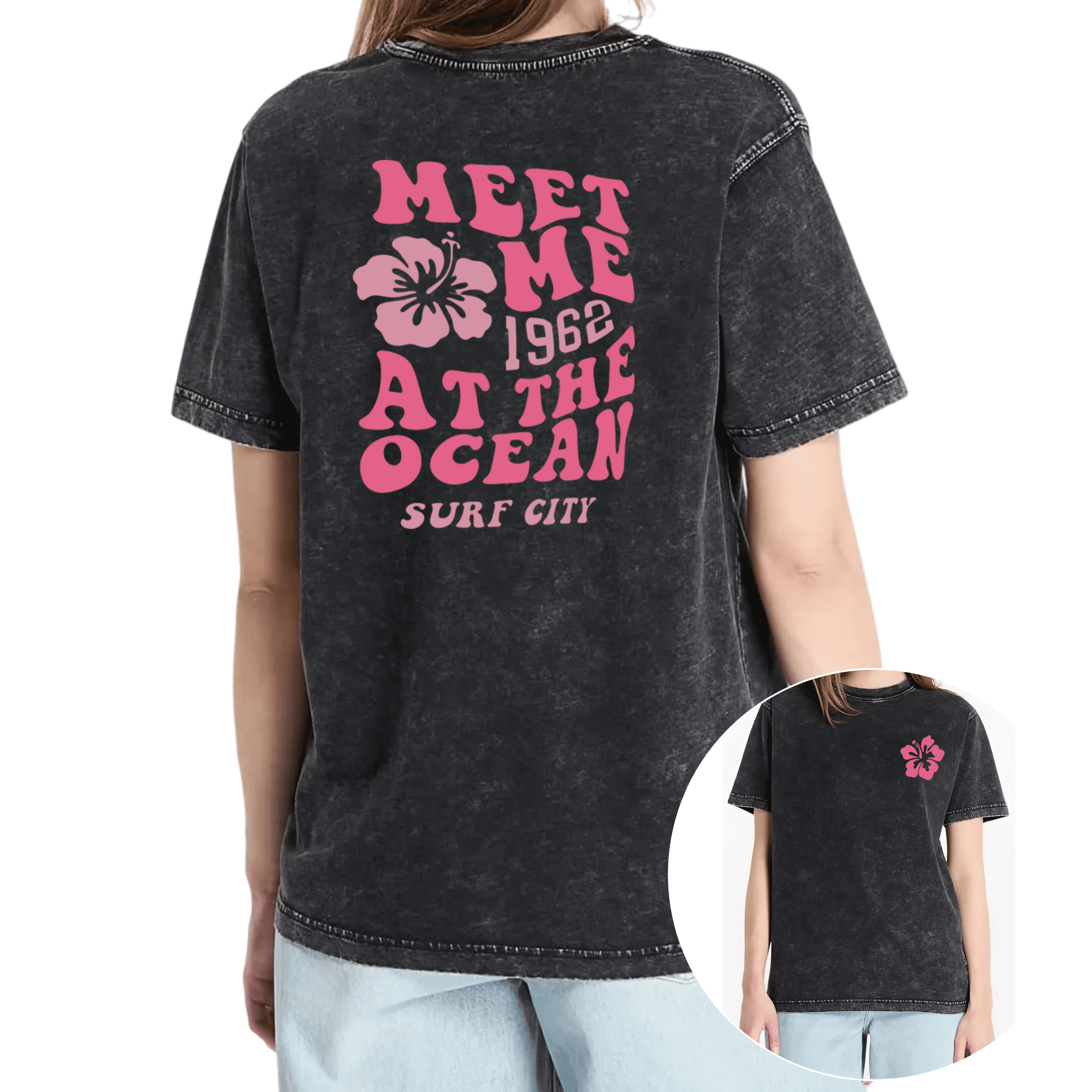 Black Meet Me At The Ocean Surf City Hibiscus Flower Print Tshirt ...