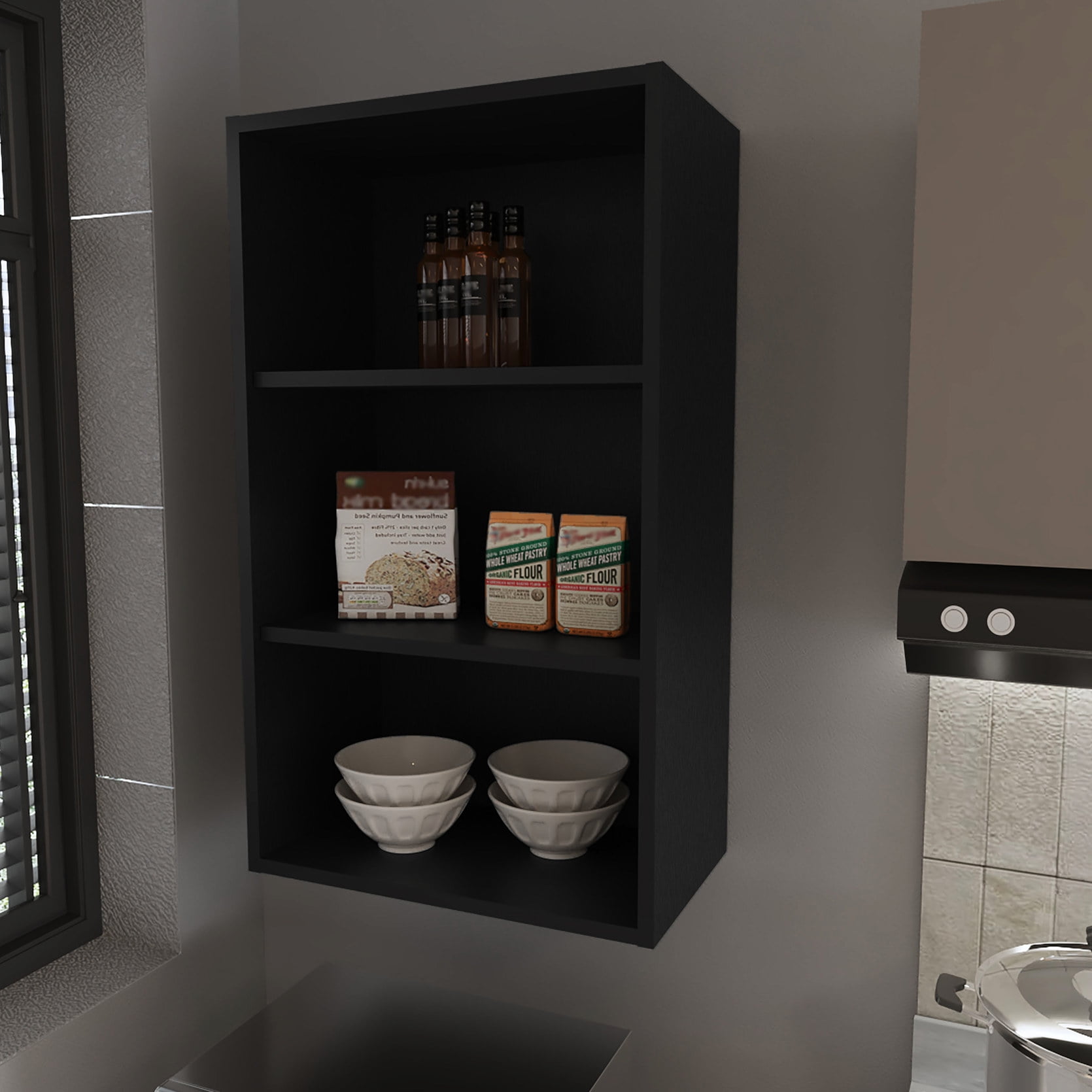 Black Melamine Kitchen Cabinet | Open Shelf Design for Spice Storage ...