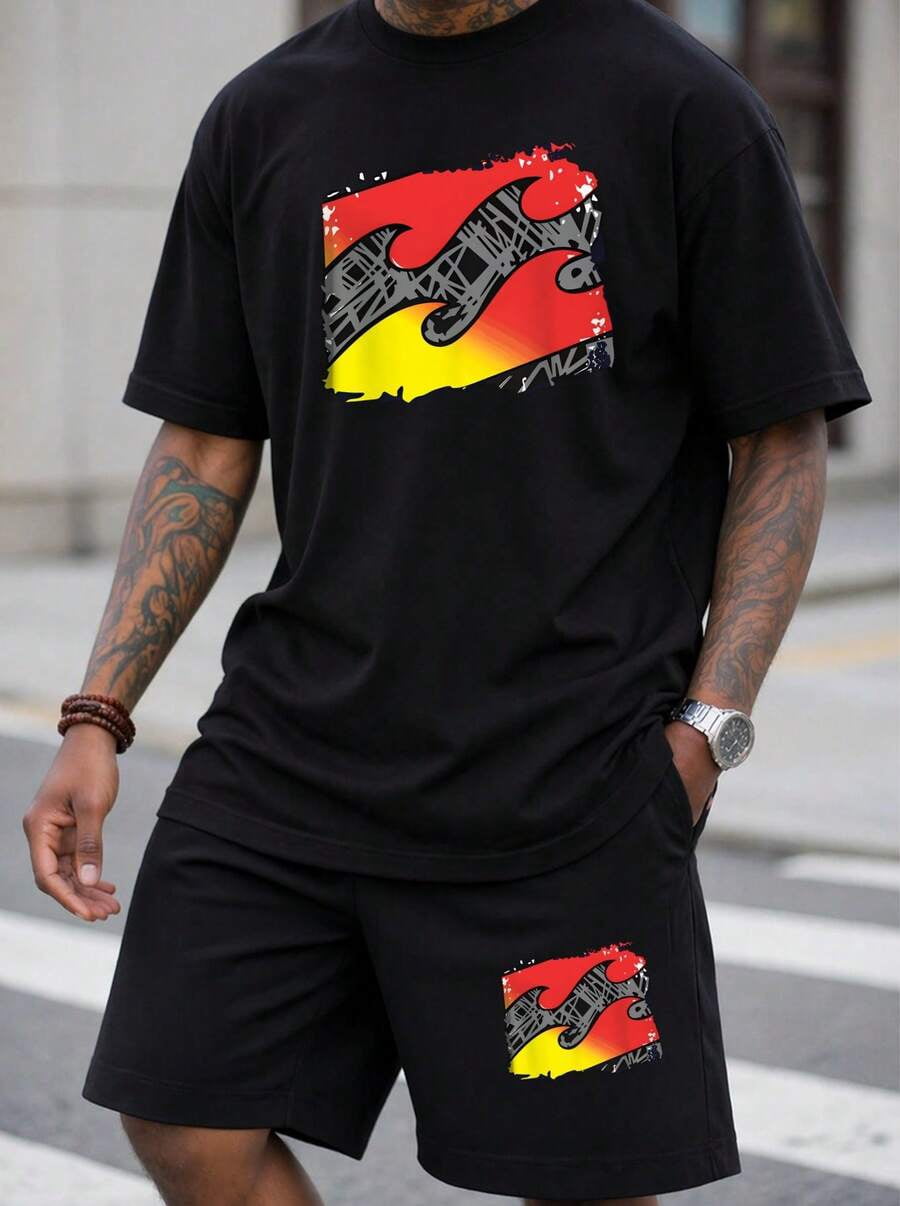Black Men 2-Piece Set: Crew Neck Short Sleeve T-Shirt With Abstract ...