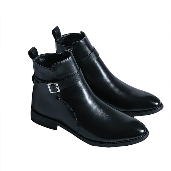 Black Men'S Low Heel Boots Solid Color Sharp Tip Leather Zipper Gaobang ...