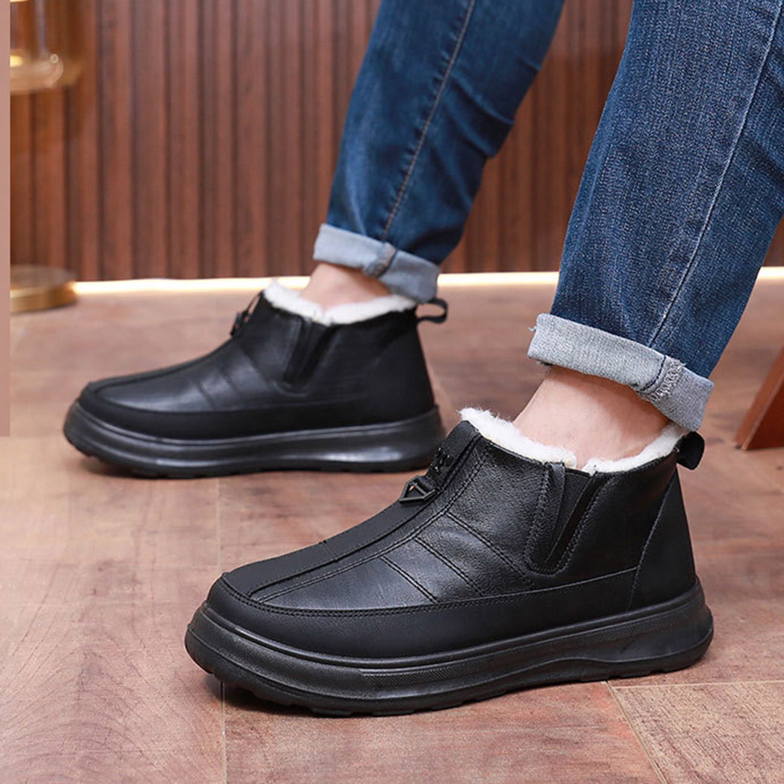 Black Men'S Snow Boots Waterproof Fleece Lined Winter Warm Thick Sole ...
