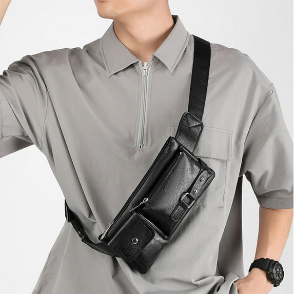Black Men's PU Leather Waist Bag - Multi-Pocket Design for Phones ...
