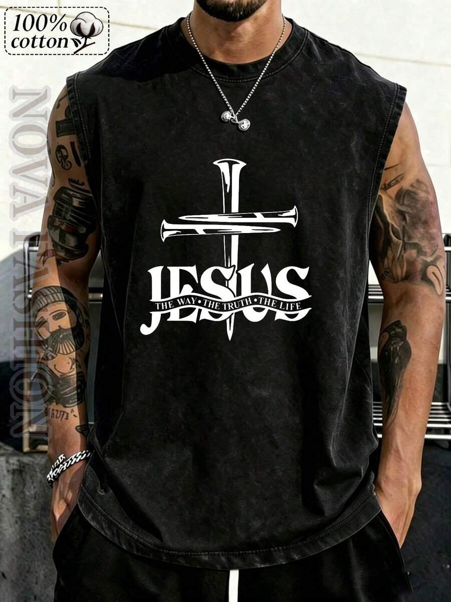 Black Mens 100% Cotton Loose Sleeveless Tank Tee With Jesus Nail Cross ...