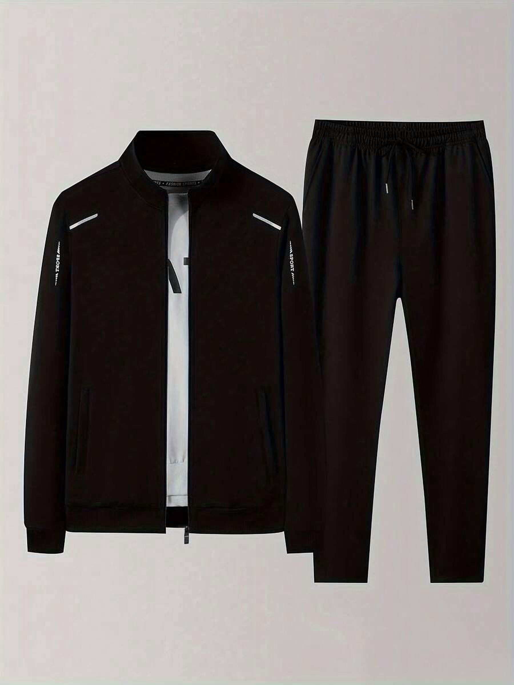 Black Mens 2-Piece Casual Sports Set: Stand-Up Collar Zip-Up Sweatshirt ...